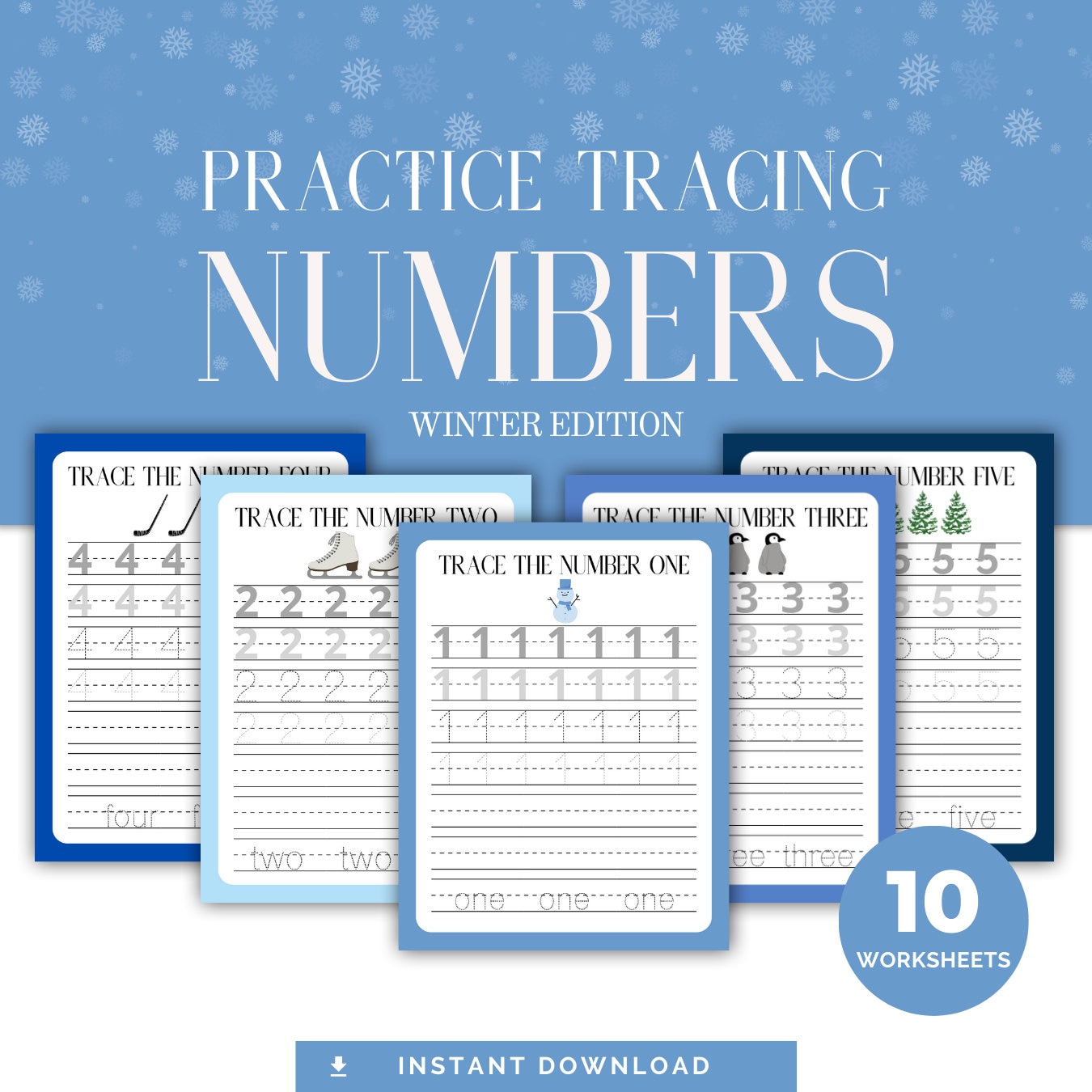 10 WINTER Printable TRACING NUMBERS 1-10 Worksheets, Preschool Activity ...