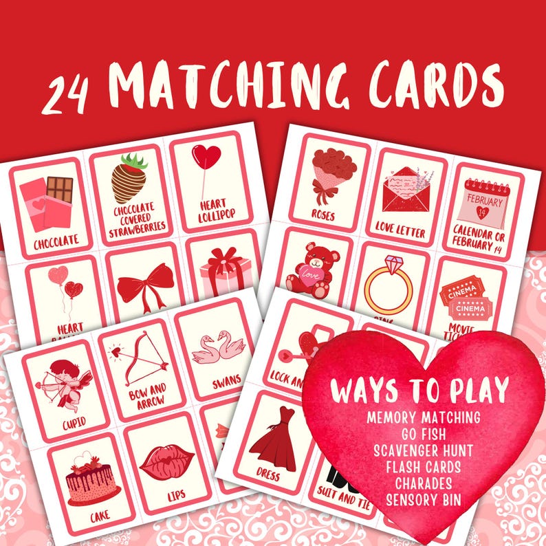 Valentine's Day Matching Cards, Flashcards, Memory Game, Scavenger Hunt ...