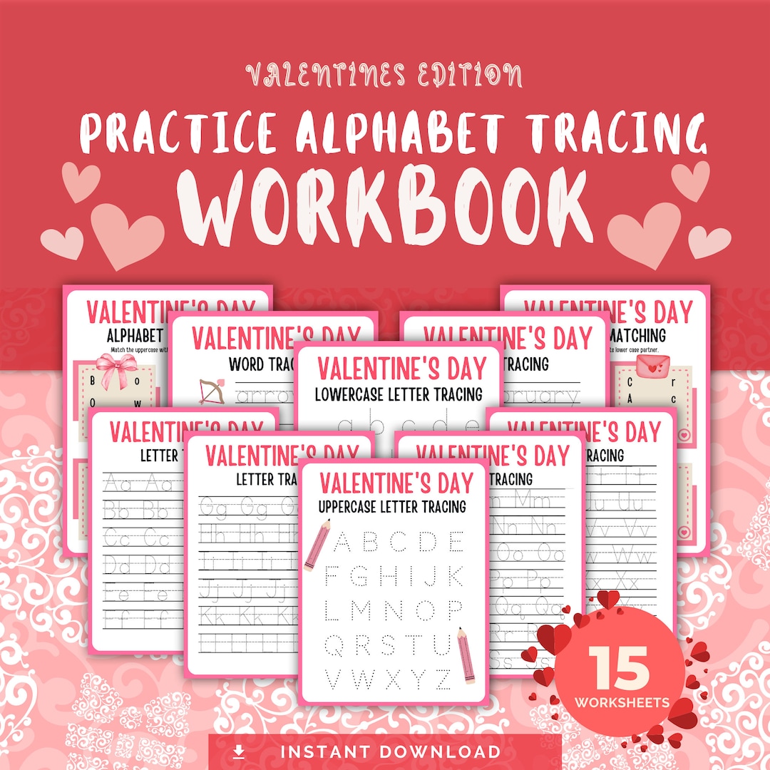 VALENTINE'S ALPHABET TRACING Practice Sheets, Uppercase and Lowercase ...