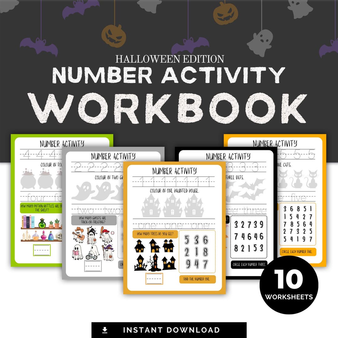 10 HALLOWEEN Printable Number Activity Worksheets, Counting Numbers ...