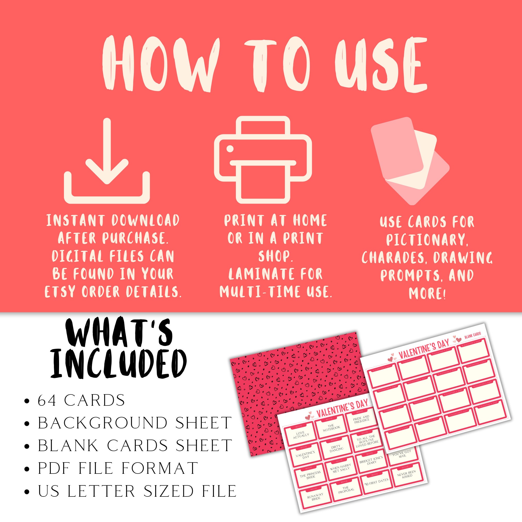 64 Valentine's Charades and Pictionary Cards, Valentine's Party Games ...