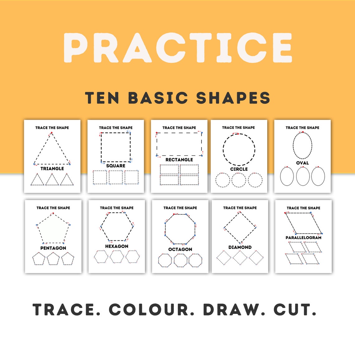 10 Printable Trace the Shape Worksheets, Preschool, Learning Shapes ...