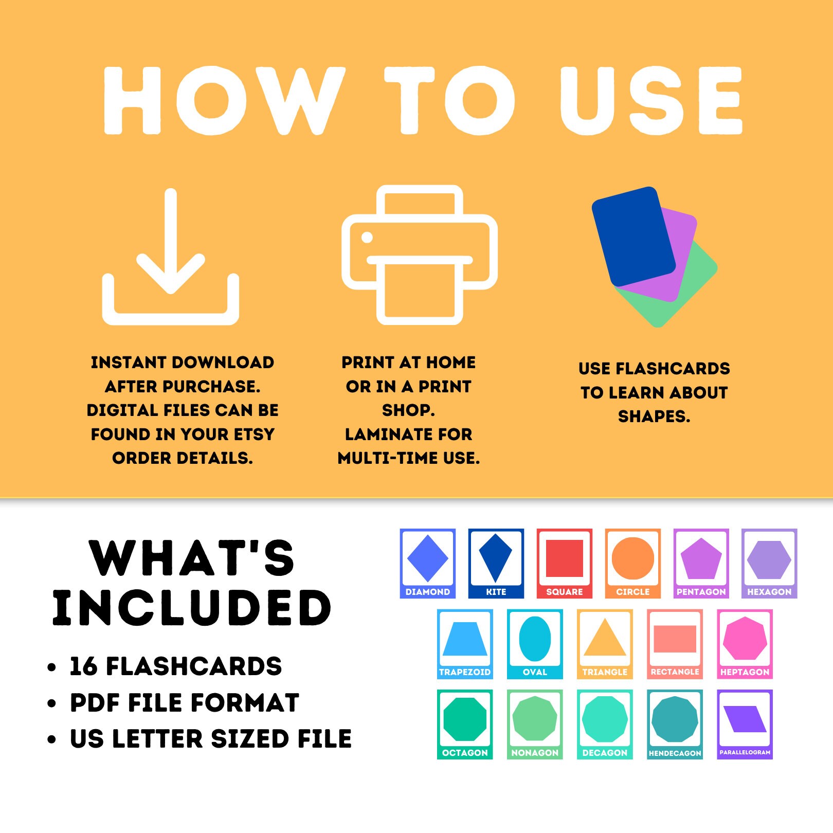 16 Shape Flashcards, 2D Geometric Shapes, Preschool, Homeschool ...