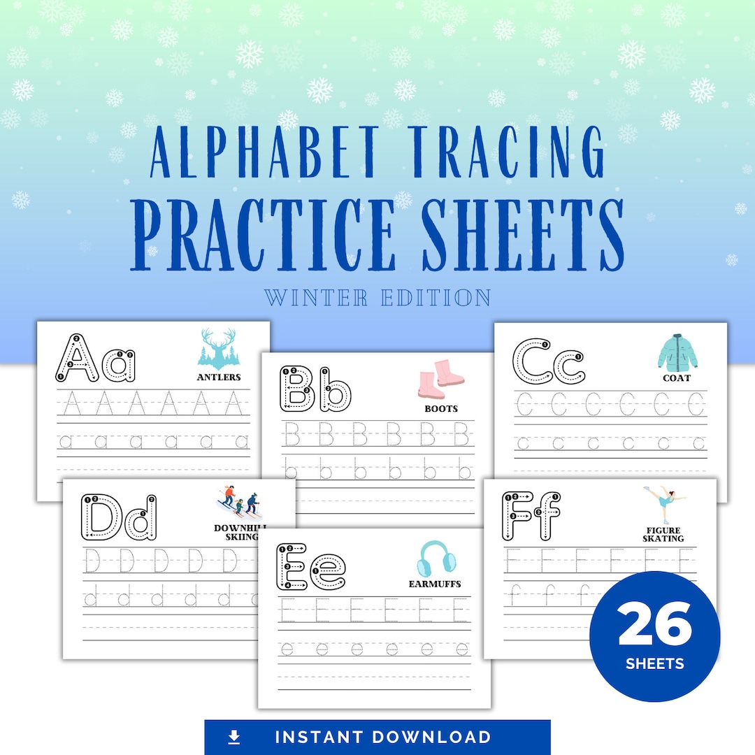 WINTER ALPHABET TRACING Practice Sheets, Uppercase and Lowercase ...