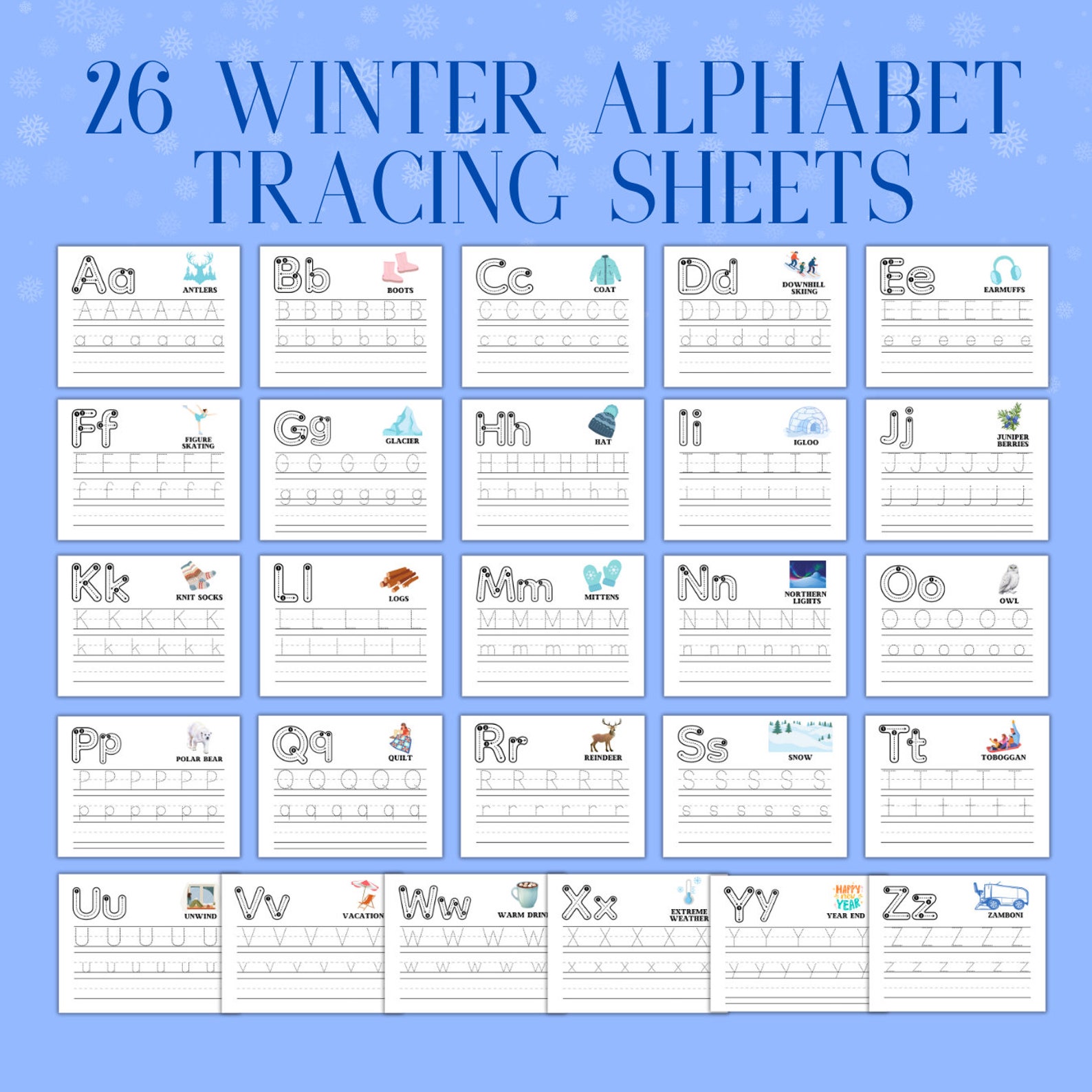 WINTER Alphabet Tracing Sheets and 3x4 Flashcards, Practice Handwriting ...