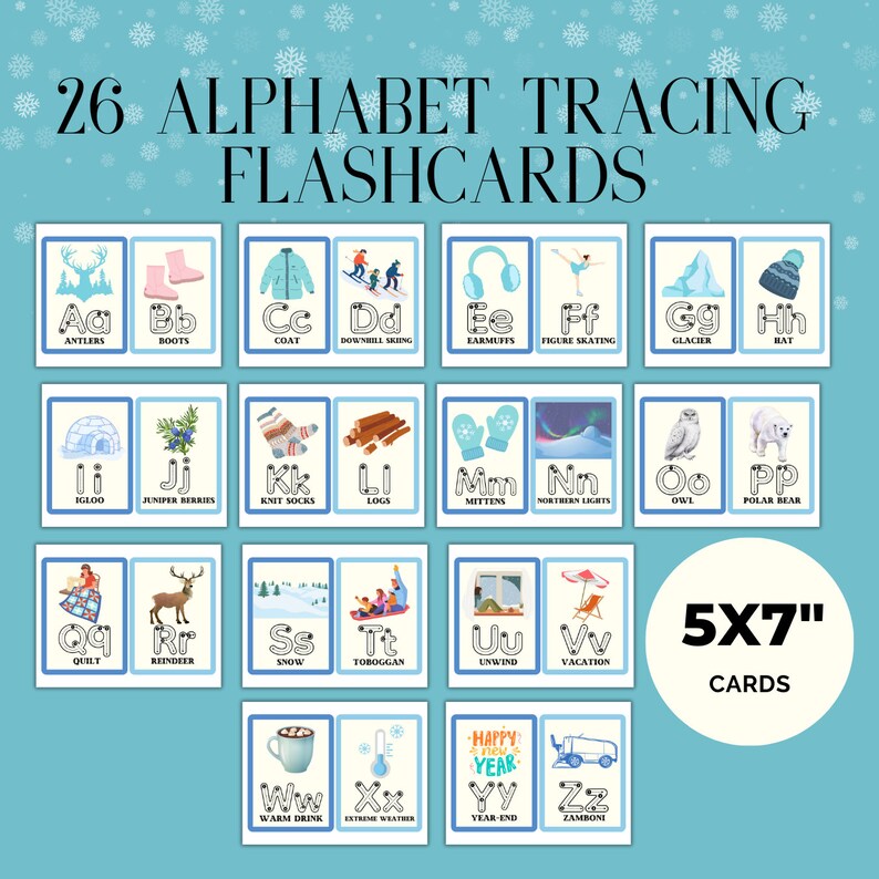WINTER Alphabet Tracing Sheets and 5x7 Flashcards, Practice Handwriting ...
