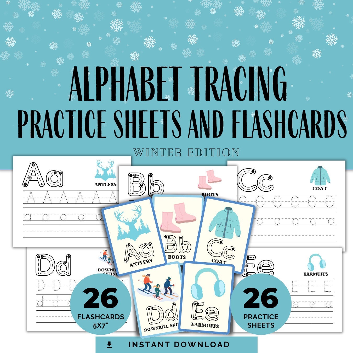 WINTER Alphabet Tracing Sheets and 5x7" Flashcards, Practice ...