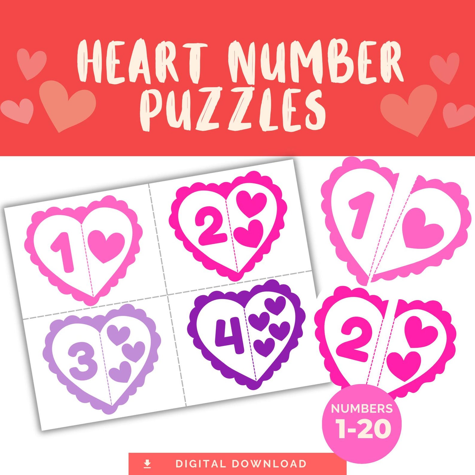 Heart Number Matching Puzzles (PDF Download) - Early Math, Preschool ...