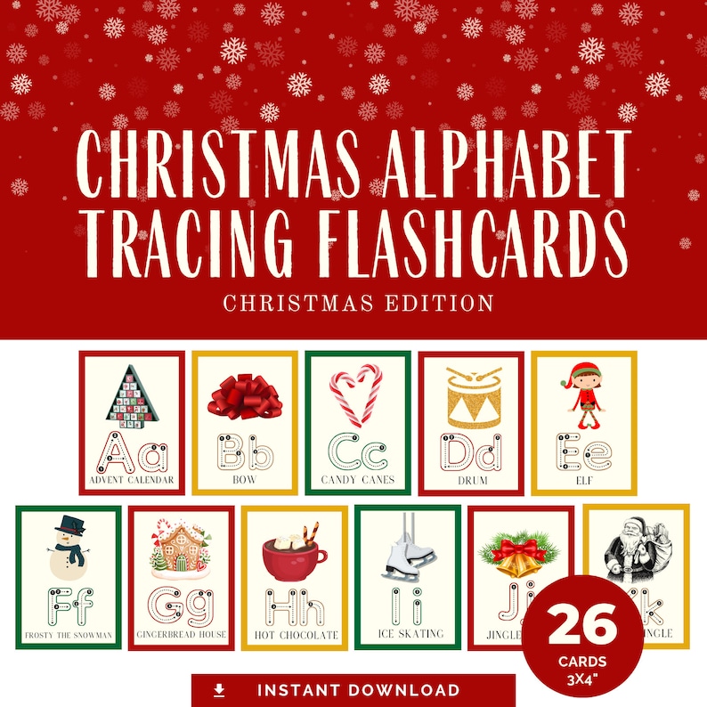 CHRISTMAS Alphabet Tracing Flashcards, Practice Tracing Uppercase and ...