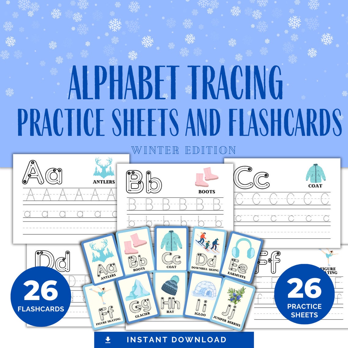 WINTER Alphabet Tracing Sheets and 3x4 Flashcards, Practice Handwriting ...