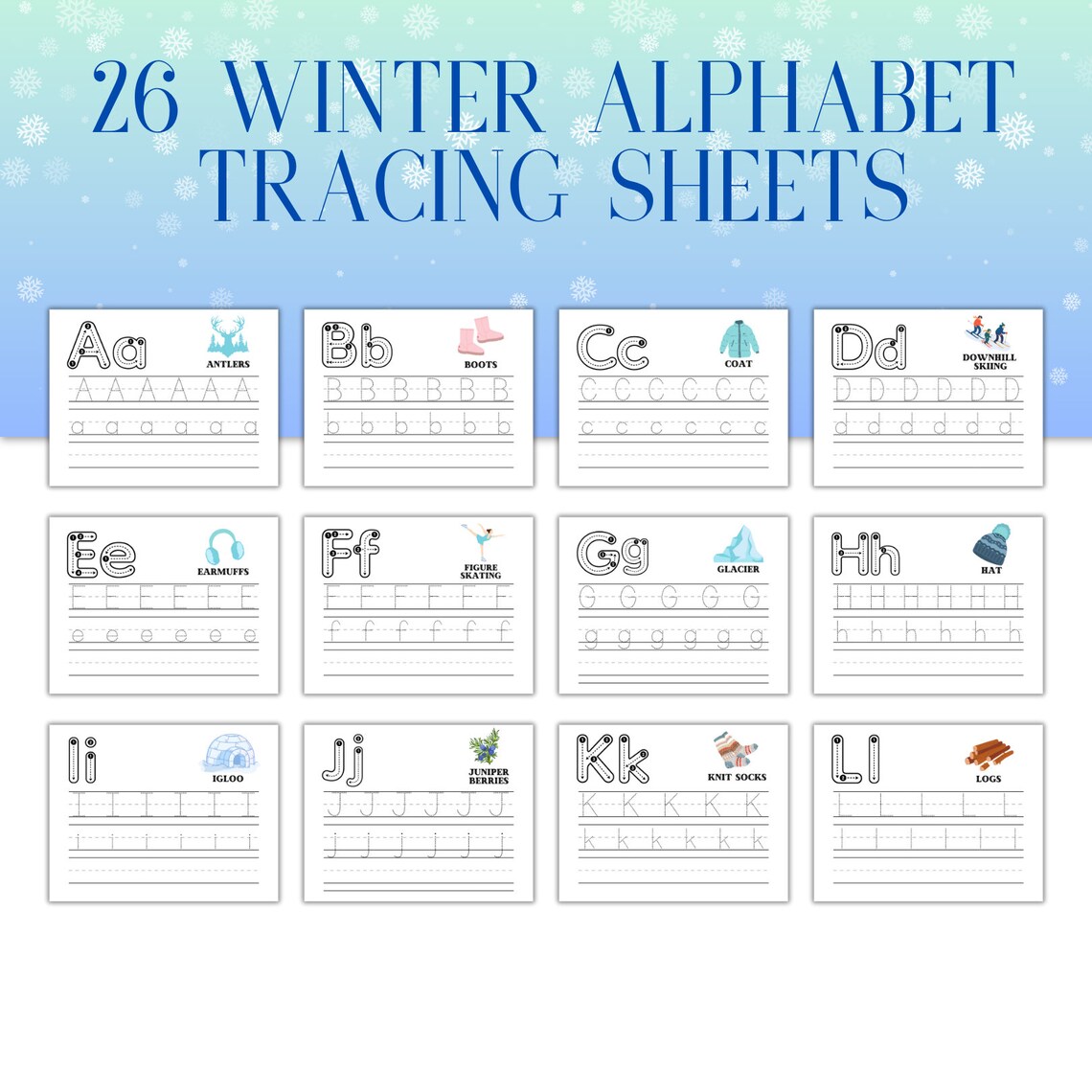 WINTER ALPHABET TRACING Practice Sheets, Uppercase and Lowercase ...