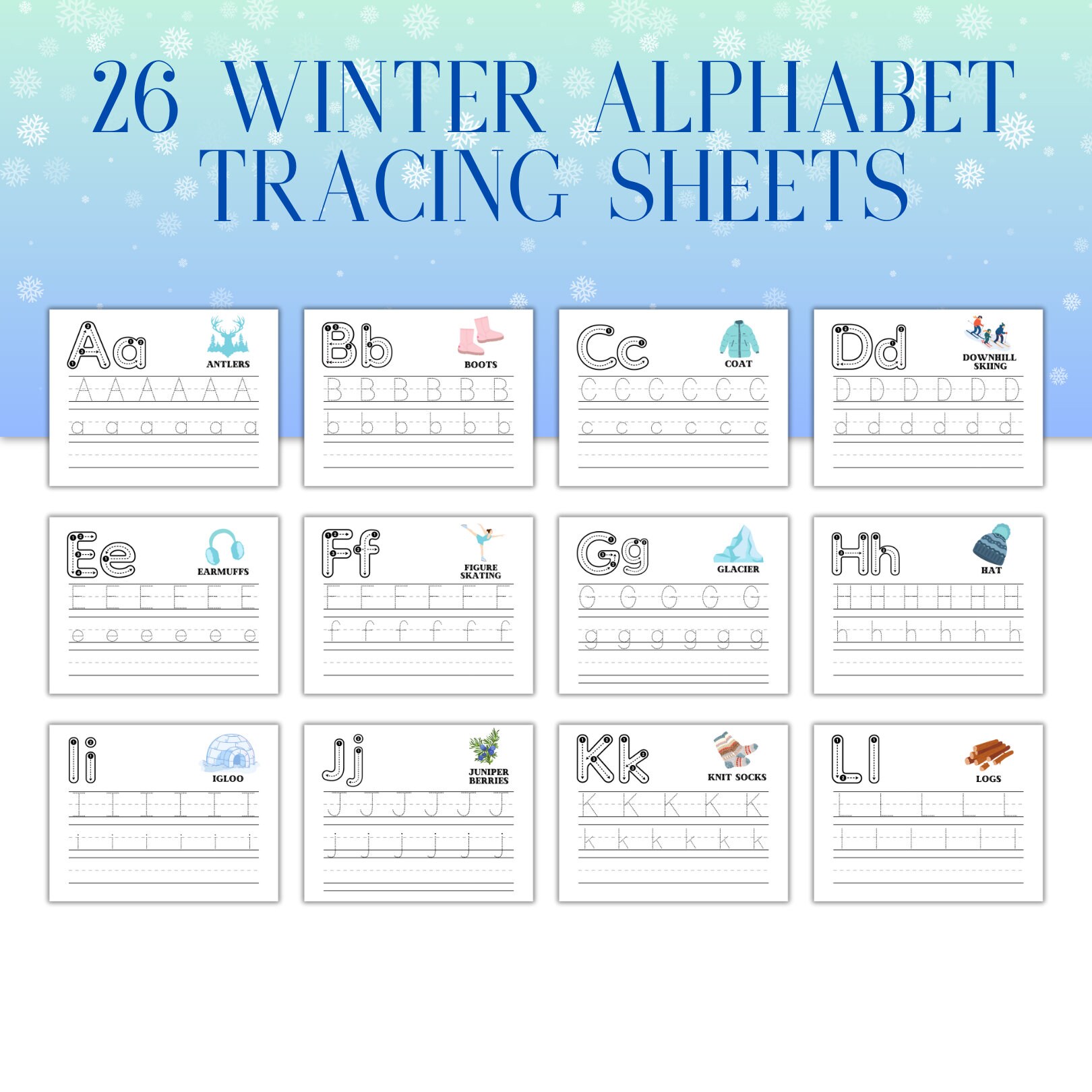 WINTER ALPHABET TRACING Practice Sheets, Uppercase and Lowercase ...