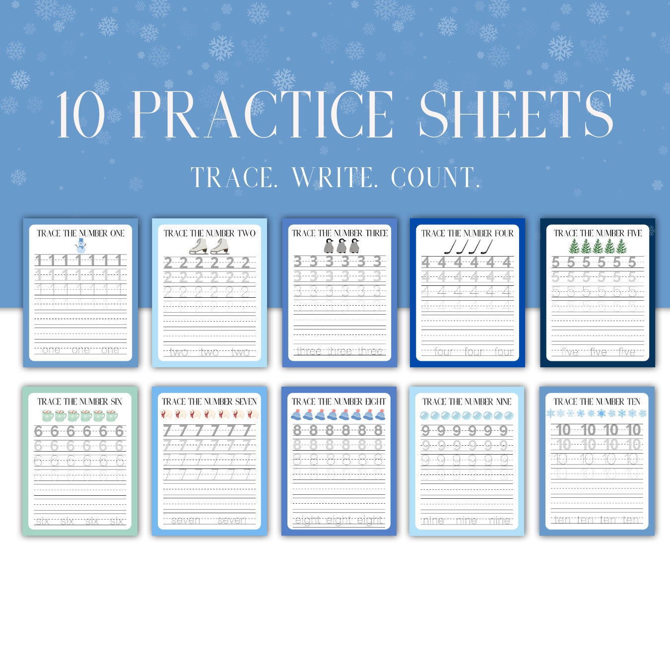 10 WINTER Printable TRACING NUMBERS 1-10 Worksheets, Preschool Activity ...