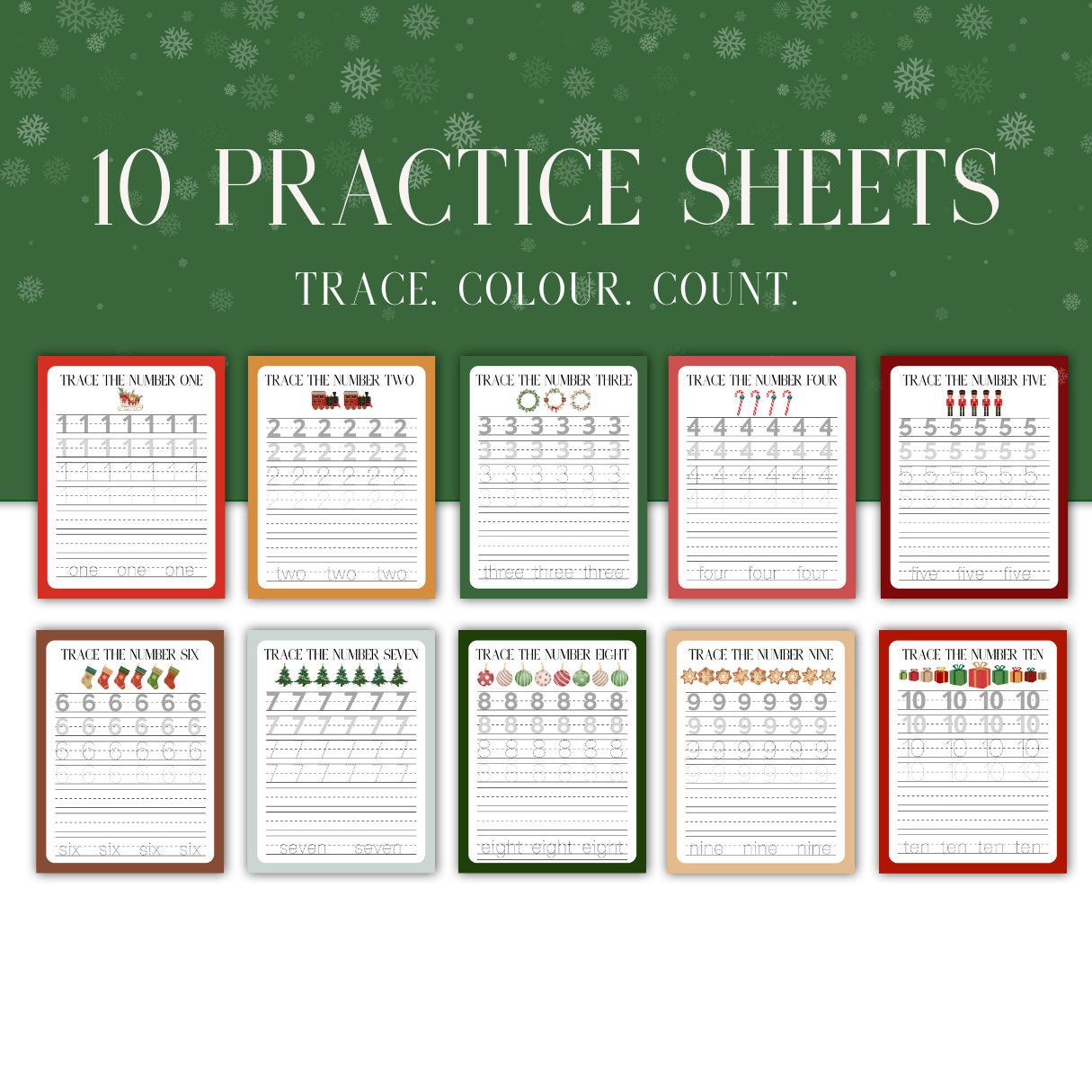 10 Christmas Printable TRACING NUMBERS 1-10 Worksheets, Preschool ...