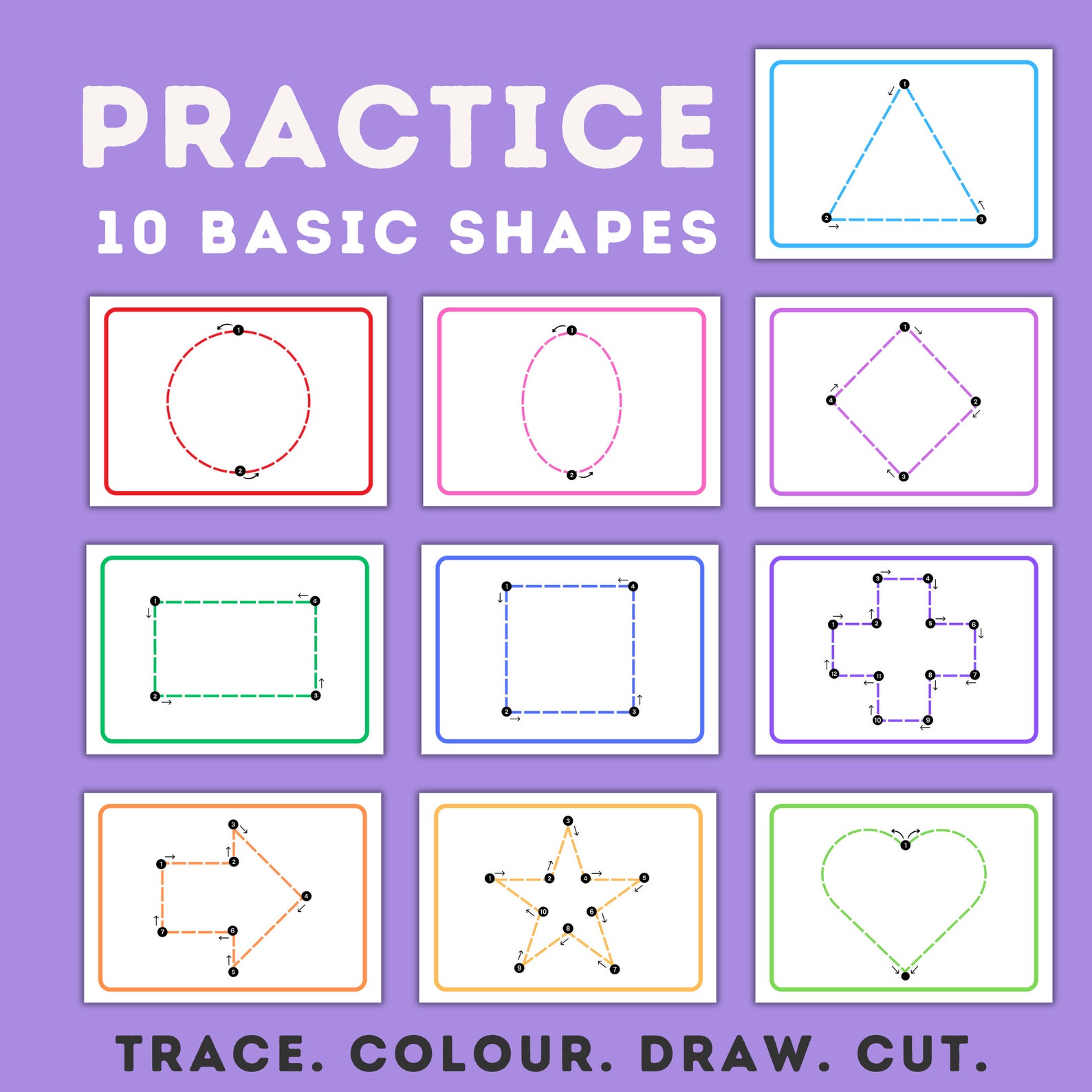 10 Printable Shape Tracing Worksheets, Preschool, Learning Shapes, Kids ...