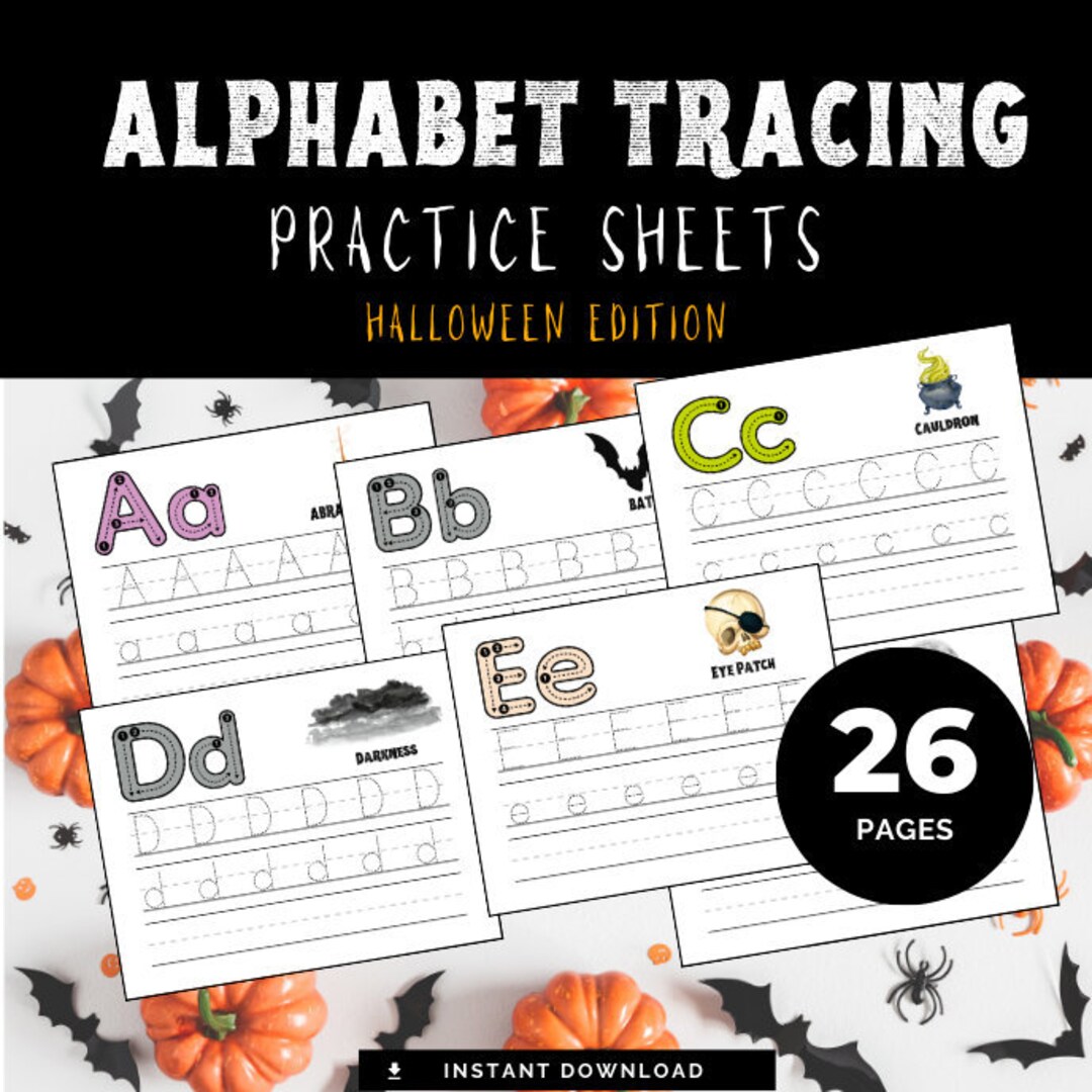 HALLOWEEN ALPHABET TRACING Practice Sheets, Uppercase and Lowercase ...