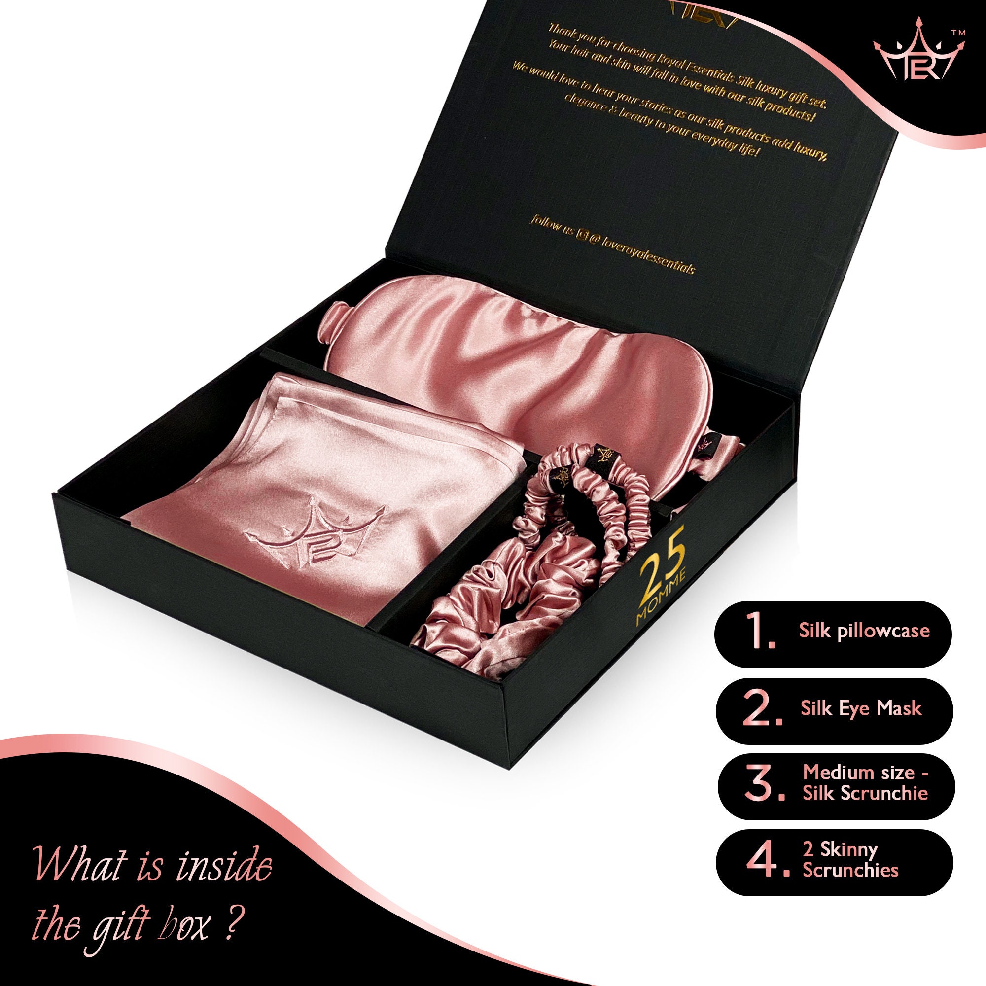 Royal Essentials - Mulberry Silk Pillowcase Gift Set: 25 Momme Silk Pillow Cover, Sleep Mask ...