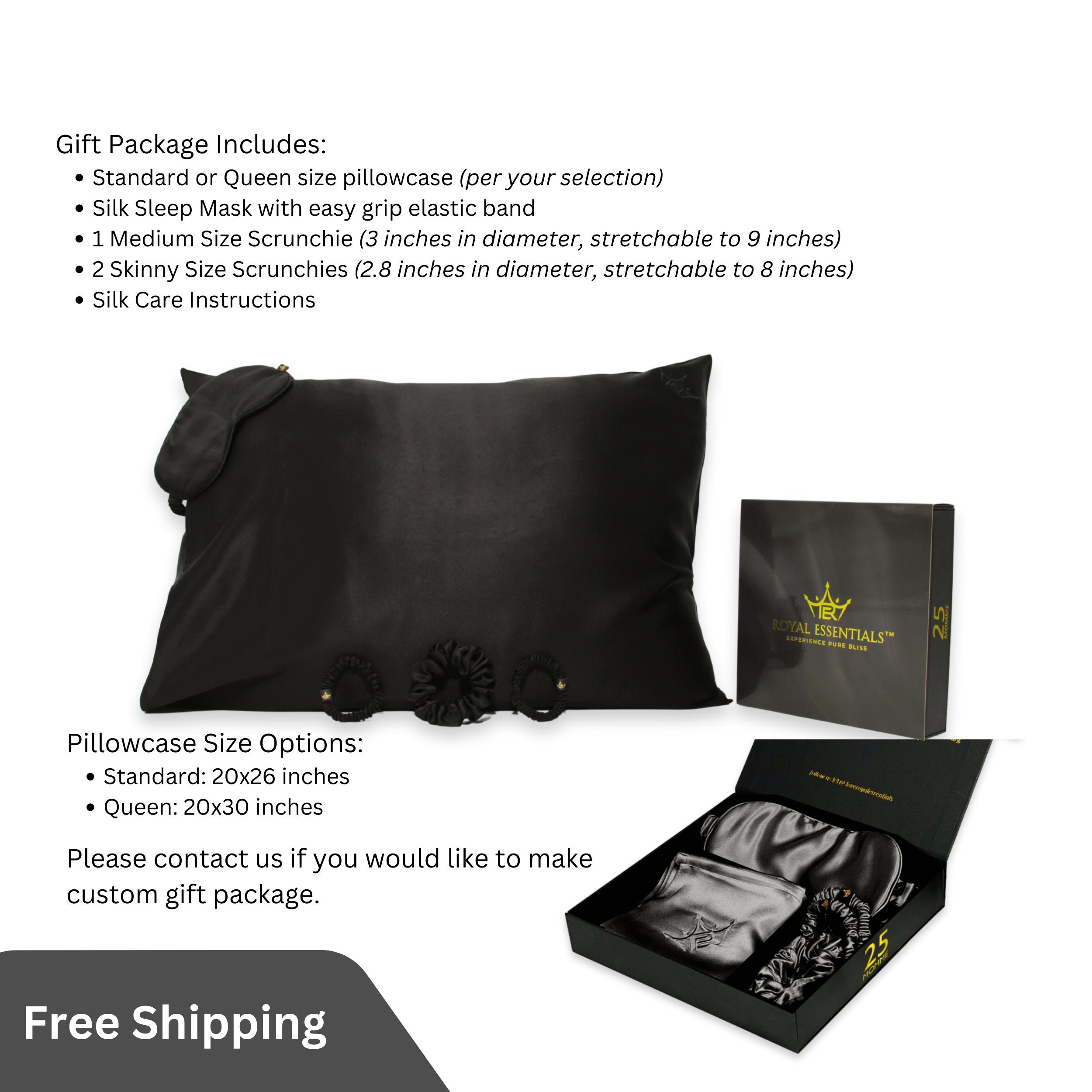 Royal Essentials Mulberry Silk Pillowcase Gift Set: 25 Momme Silk ...