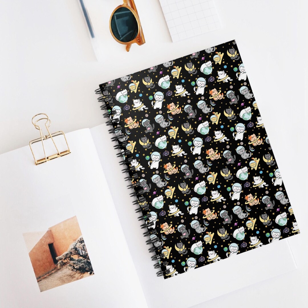 Space Cat Notebook | Spiral Bound Journal With Document Pocket | Cute ...