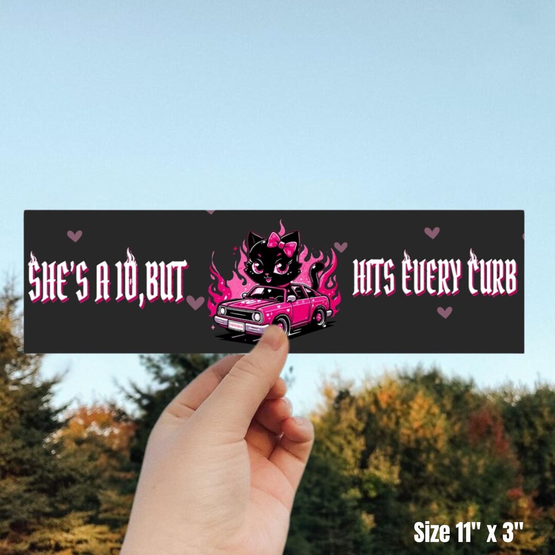 She's a 10 but Hits Every Curb Bumper Sticker, Vinyl Cat Decal for Cars ...