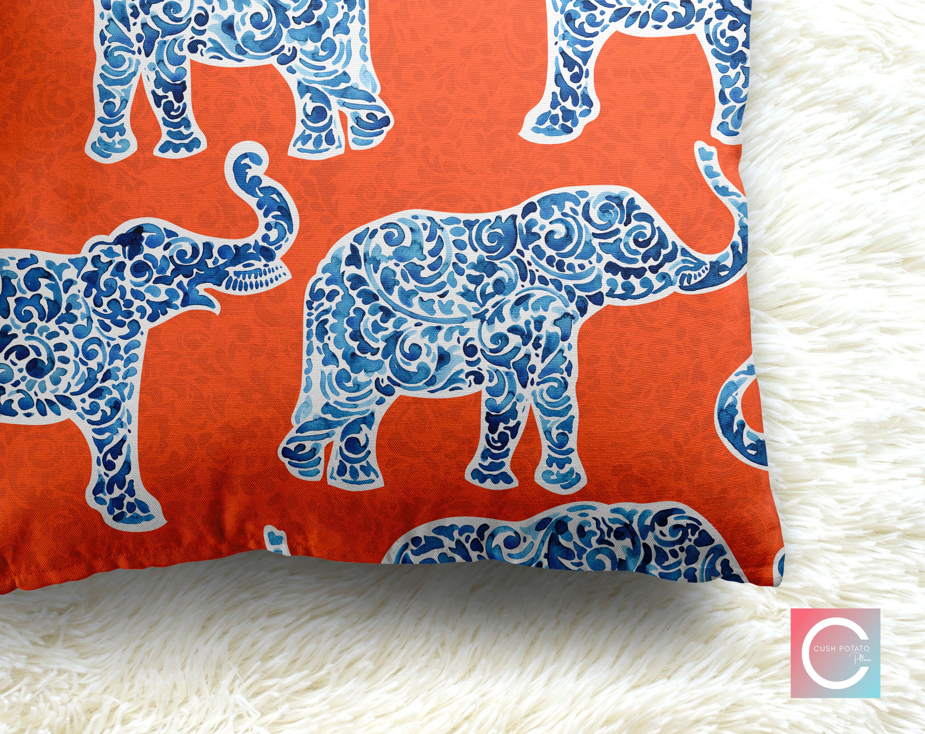 Indigo Elephants on Orange Decorative Pillow Throw Cover - Etsy