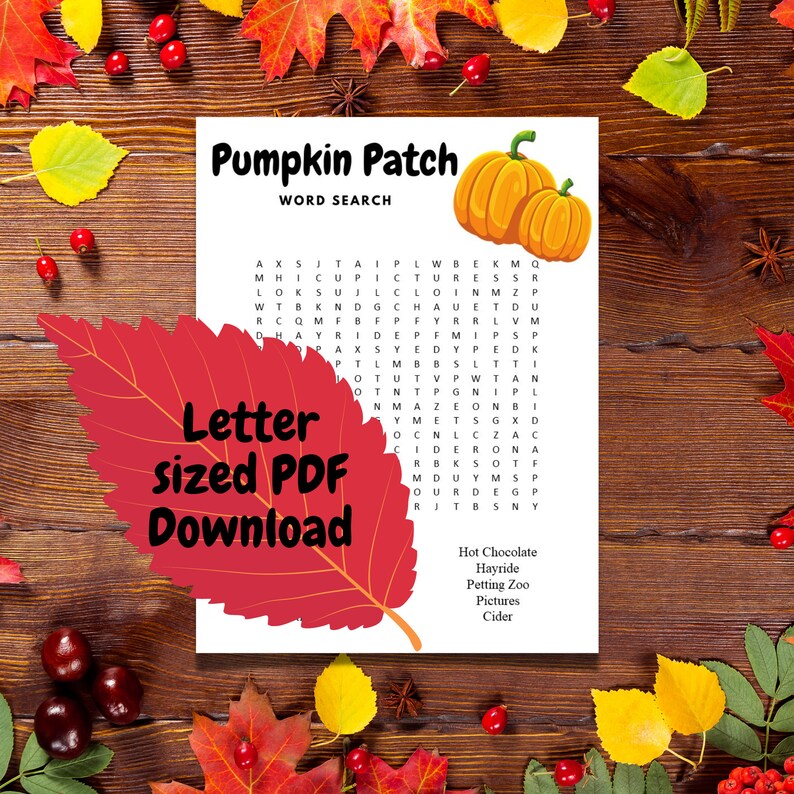 Pumpkin Patch Word Search – Autumn Activity, Kids & Adults (instant ...