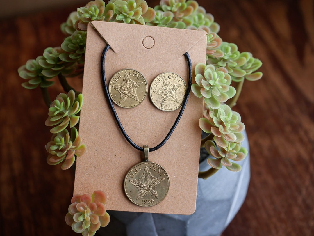 Bahamas Starfish Coin Jewelry Set: Leather Cord Necklace, Nickel-free ...