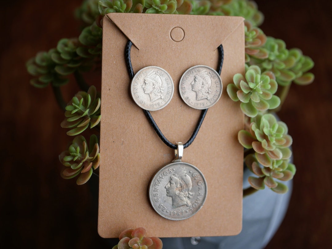 Dominican Republic Coin Jewelry Set: Leather Necklace & Nickel-free ...