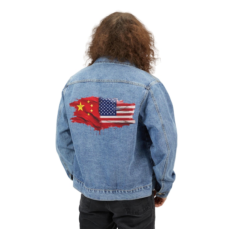 Mens Denim Jacket With USA and China Flag Design Casual Fashion ...