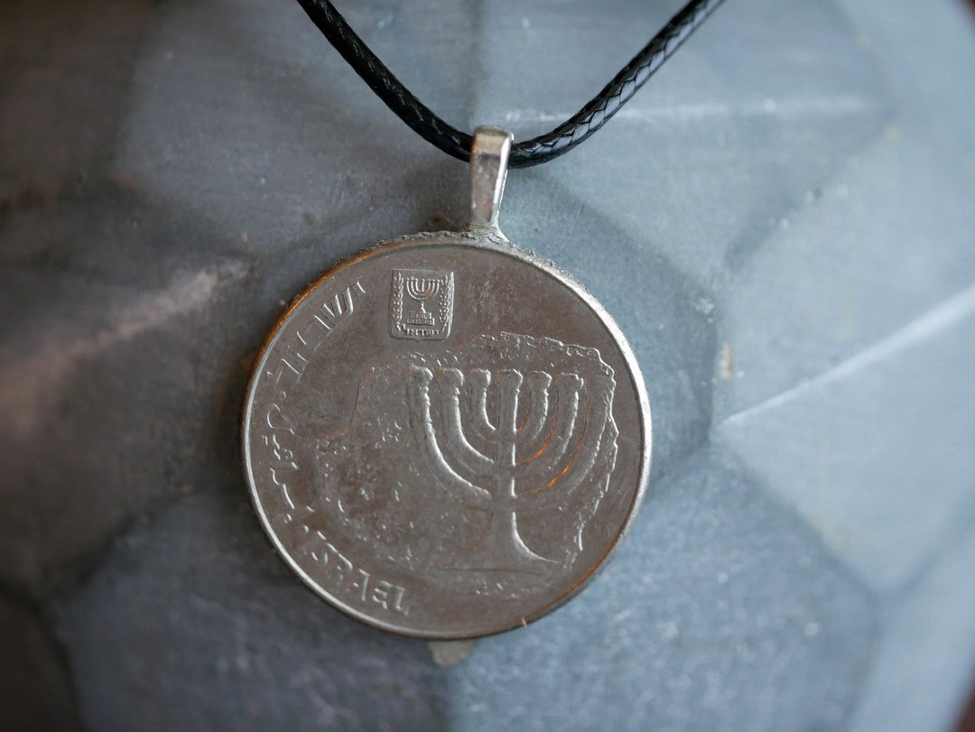 Israel Menorah Necklace, Israeli Pendant, Genuine Foreign Coin With ...