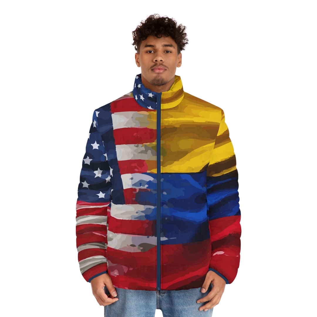 American Columbian Flags Patriotic Mens Puffer Jacket USA Colombia Flag ...