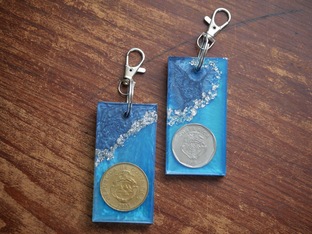 Costa Rica Keychain, Blue Resin With Silver Foil Flakes Island Vacation ...