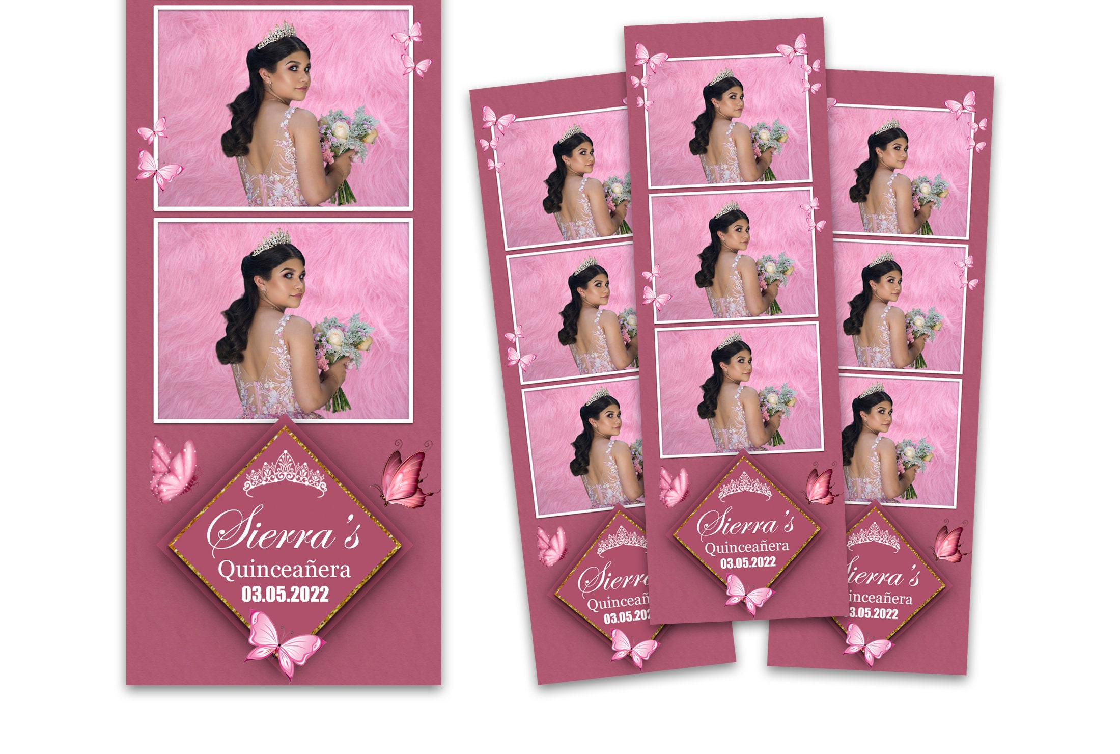 Pink Burgundy Butterflies 2x6 Photo Booth Template for Quince, Sweet 16 ...