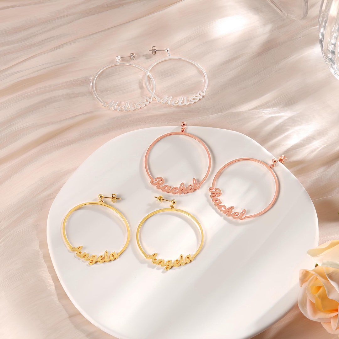 Custom Name Hoop Earrings - Personalized Bamboo Hoops in Silver & Gold ...