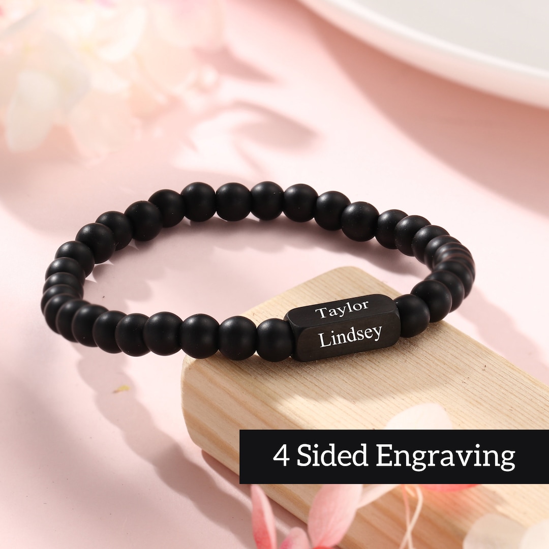 Personalized Black Onyx Bracelet for Men, Custom Engraved With Names ...
