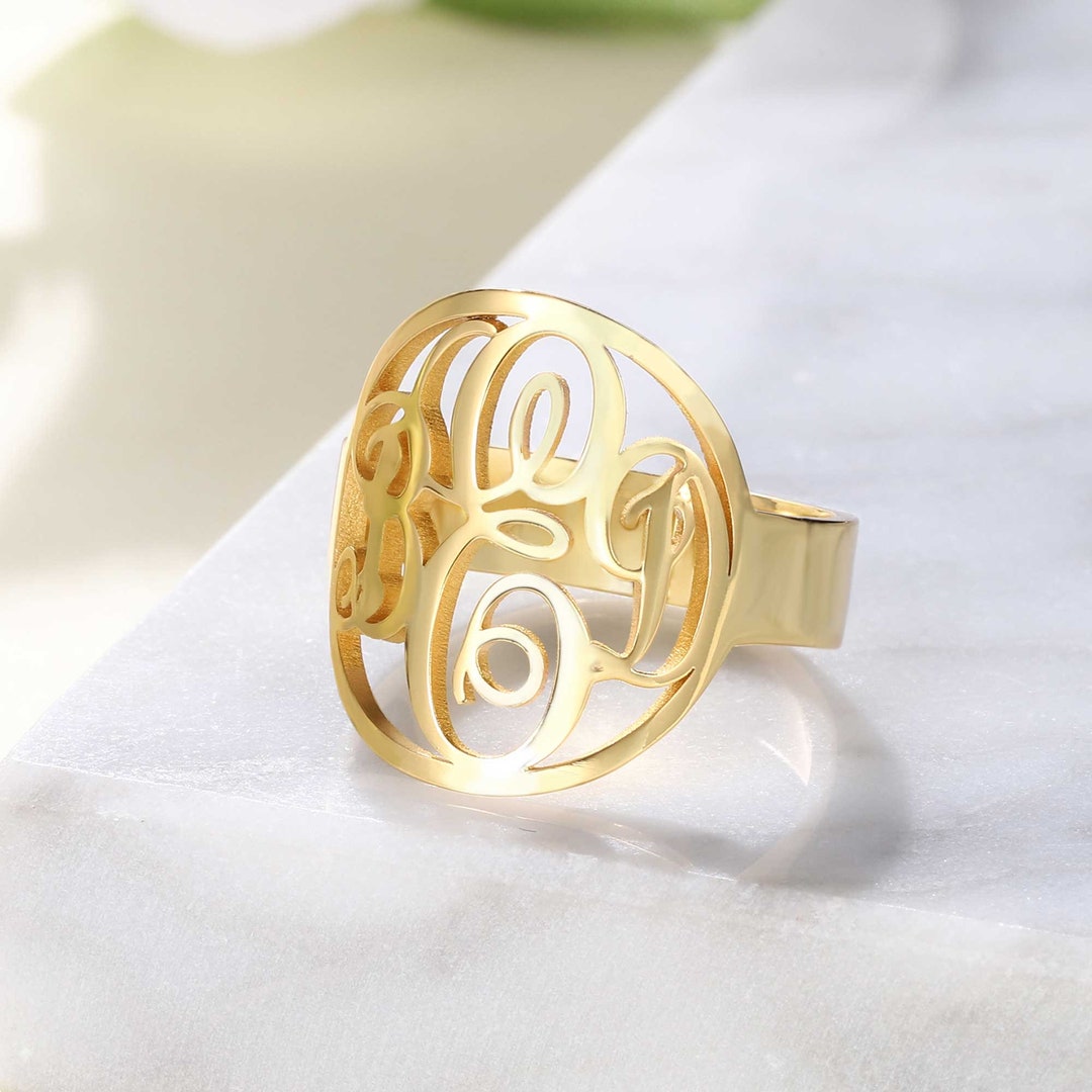 Monogram Ring: Script Monogram Signet Ring, Sterling Silver & Gold 3 ...