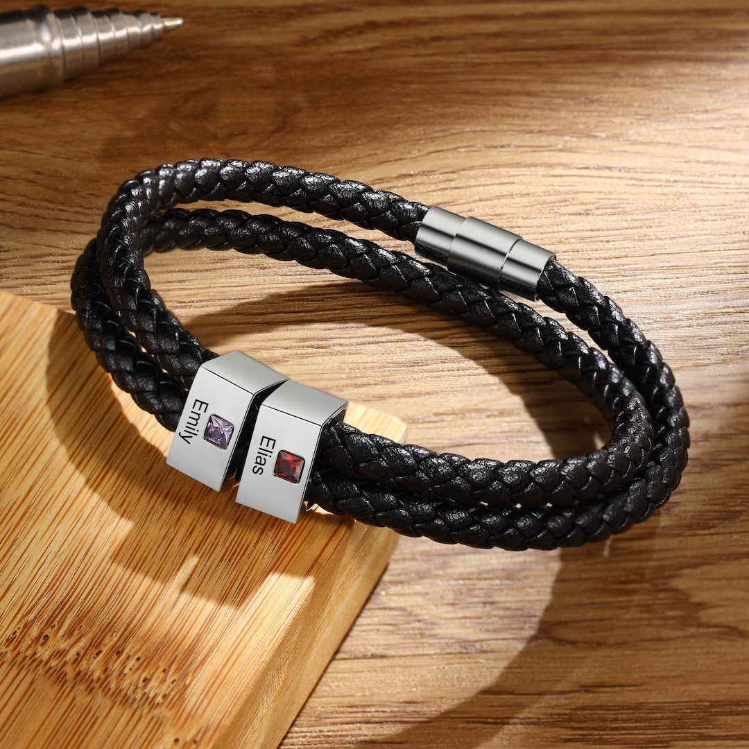 Dad Birthstone Bracelet - Engraved Leather Chain - Custom Names ...