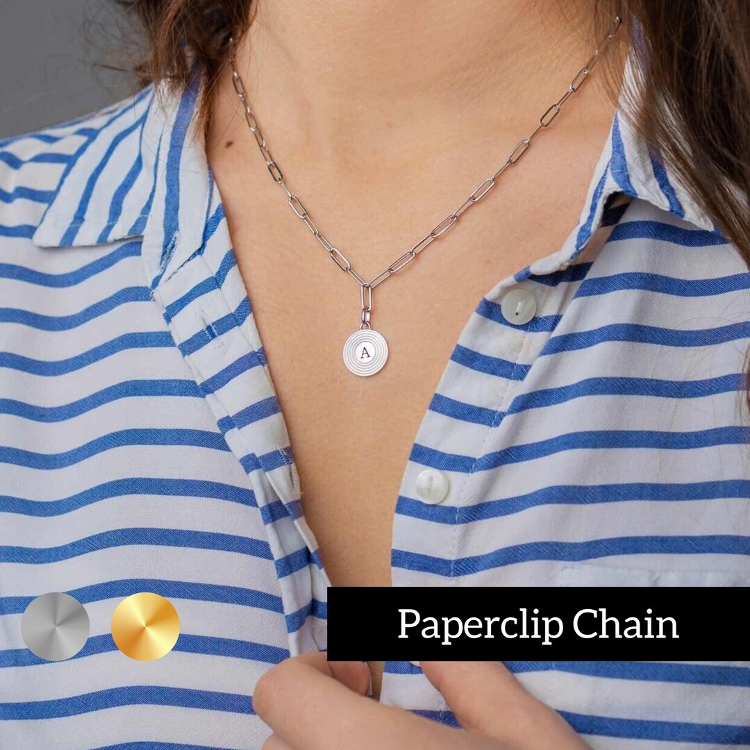 Initial Name Necklace, Paperclip Chain Silver, Gold Disc Necklace ...
