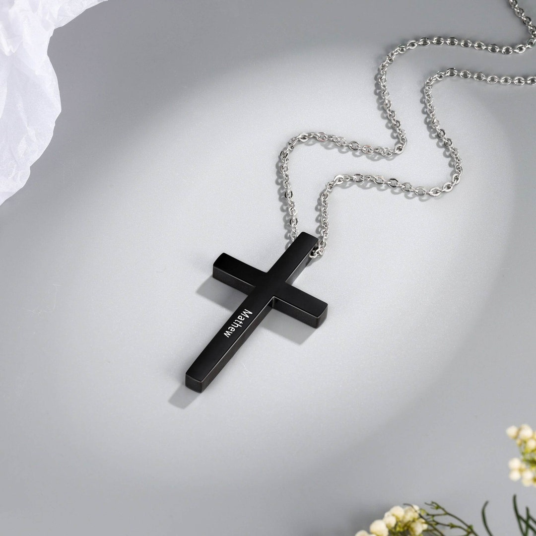 Black Cross Necklace for Men - Personalized Name Necklace - Engraved ...