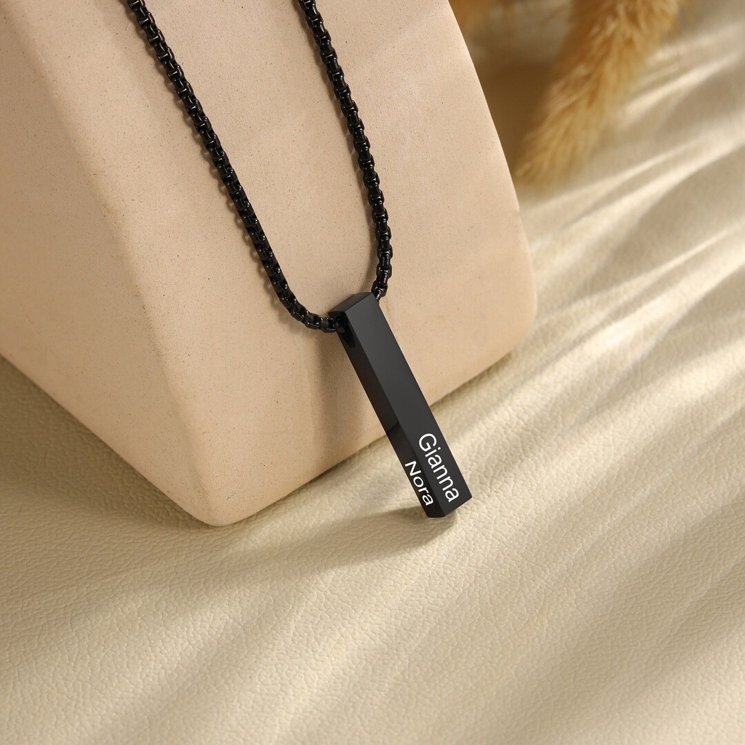 Personalized Men’s Name Necklace, Engraved Black Vertical Bar With ...