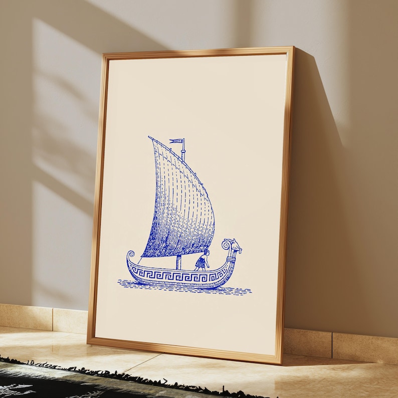 Ancient Greek Sailing Vessel Line Art Print | Minimalist Classical Wall ...