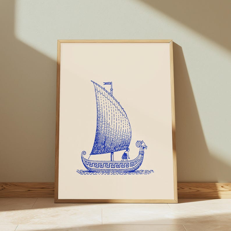 Ancient Greek Sailing Vessel Line Art Print | Minimalist Classical Wall ...