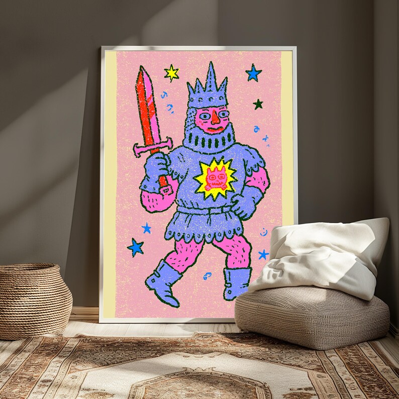 Colorful Demon Warrior Pop Art Print | Glitter Crown King With Sword ...