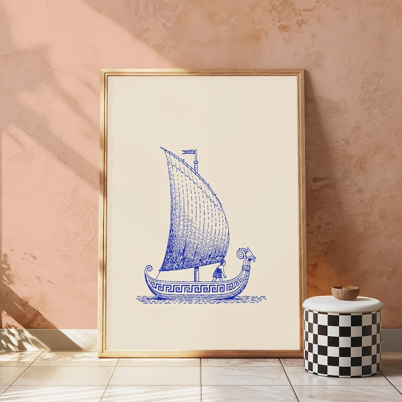 Ancient Greek Sailing Vessel Line Art Print | Minimalist Classical Wall ...
