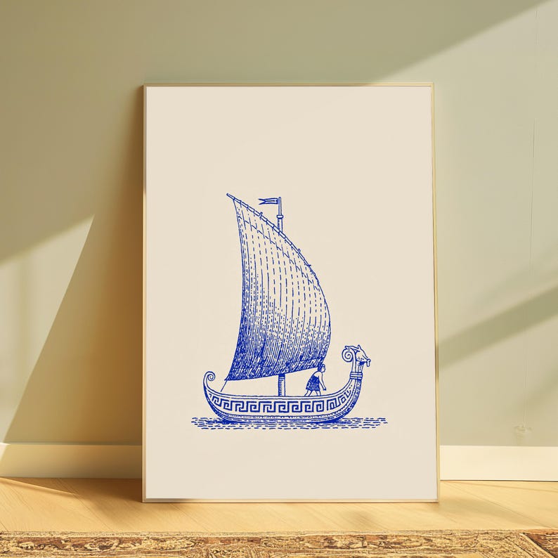 Ancient Greek Sailing Vessel Line Art Print | Minimalist Classical Wall ...