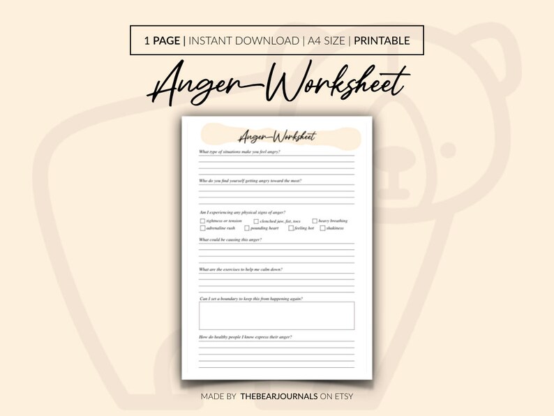 Anger Worksheet, Anger Management Worksheet, Anger Management Journal ...