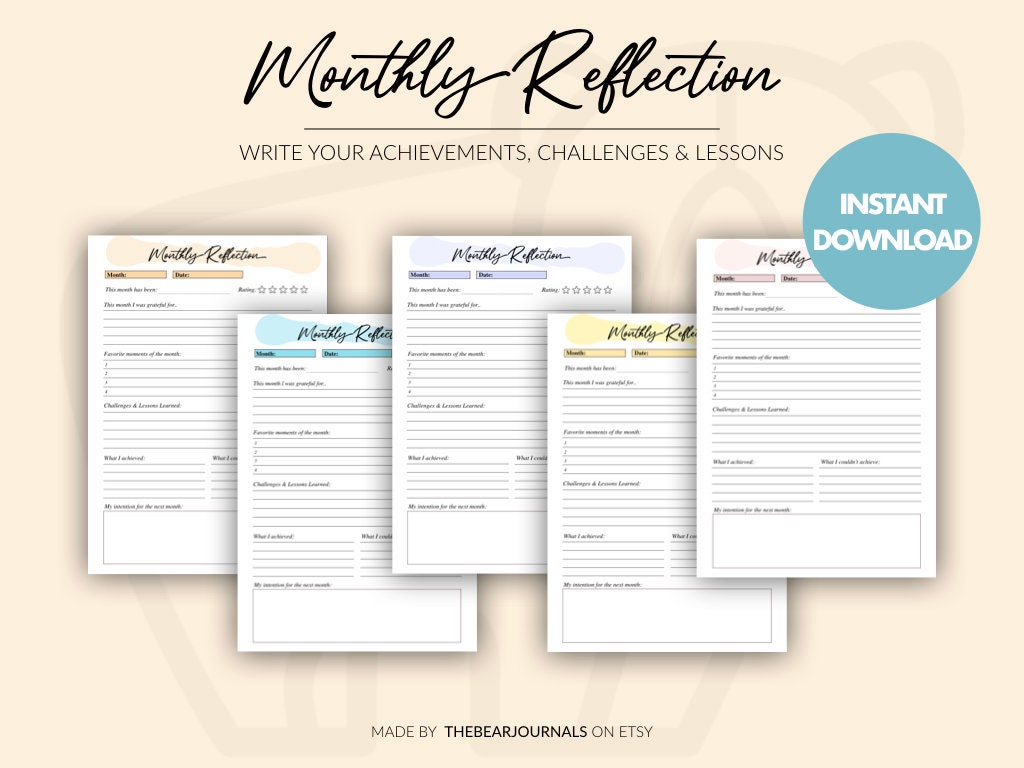 Self Reflection Journal, Daily Reflection, Weekly Reflection, Monthly ...