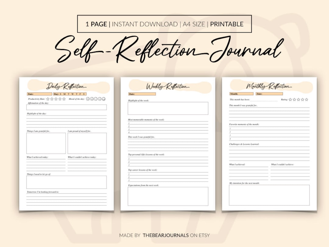 Self Reflection Journal, Daily Reflection, Weekly Reflection, Monthly ...