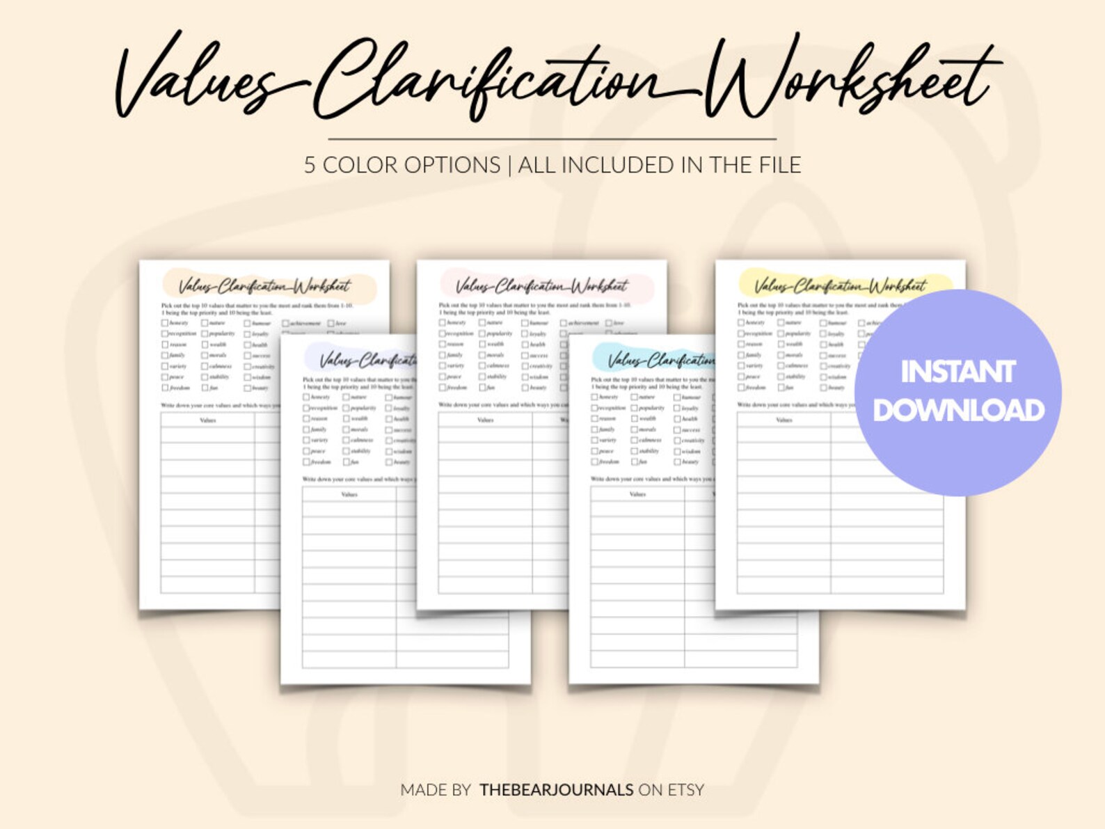 Values Clarification Worksheet, Identifying Values Worksheet, Personal ...