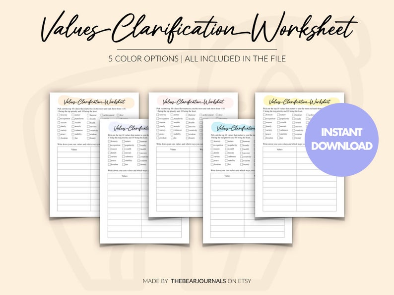 Values Clarification Worksheet, Identifying Values Worksheet, Personal ...